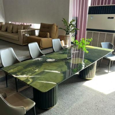 China Luxury Long Dining Table in Striking Avocado Green Marble | A Bold Statement Piece for sale