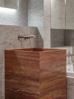 China Natural Red Travertine Bathroom Washbasin | Artistic Stone Vanity for Modern Interiors for sale
