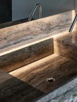 China Dark Gray Travertine Bathroom Washbasin | Elegant Stone Vanity for Modern Interiors for sale