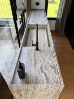 China Dark Gray Travertine Bathroom Washbasin | Elegant Stone Vanity for Modern Interiors for sale