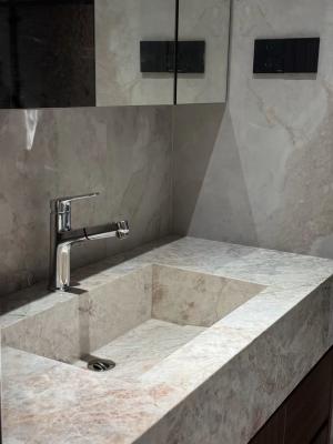 China Luxury Four Seasons Pink Marble Washbasin | Misty Pink with Gold Veins Vanity for sale