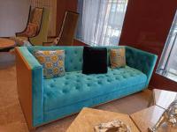 China 2200*900*800mm Gelaimei Wooden Frame Button Tufted Sofa Blue For Living Room for sale
