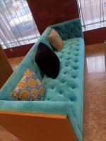China 2200*900*800mm Gelaimei Wooden Frame Button Tufted Sofa Blue For Living Room for sale