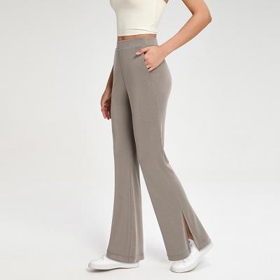 China Women's Taupe High Waisted Flare Yoga Pants 56% Modal 4% Spandex Side Slit with Pockets for sale