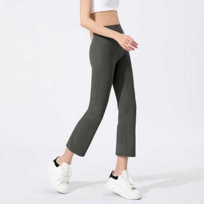 China Women's High Waisted Brown Flared Yoga Pants 7/8 Length Tummy Control Nylon Spandex for sale