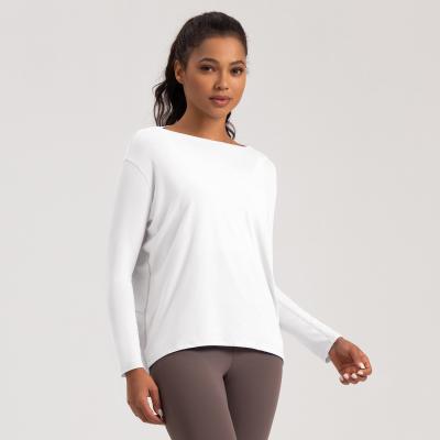 China Women's Light Blue Long Sleeve Loose Fit Athletic Top 92% Cotton 8% Lycra Breathable Yoga Workout for sale