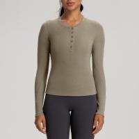 China Women Long Sleeve Henley Top Yoga Activewear Soft Ribbed Fabric Taupe 78.6% Lyocell 17.1% Wool for sale