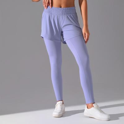 China Women 2 in 1 Yoga Leggings with Shorts High Waist Moisture Wicking 92 Polyester 8 Spandex for sale