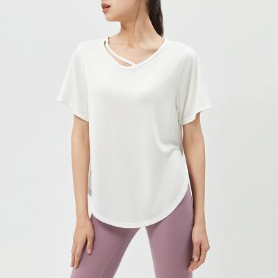 China Women's Loose Fit Yoga Top Short Sleeve Crisscross Neckline Side Knot 63.4% Viscose 36.6% Polyester Quick Dry for sale