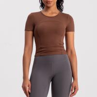 China Women's Brown Short Sleeve Athletic Top 80% Nylon 20% Lycra Spandex Moisture Wicking Yoga Gym Activewear for sale