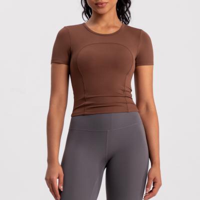China Women's Brown Short Sleeve Athletic Top 80% Nylon 20% Lycra Spandex Moisture Wicking Yoga Gym Activewear for sale
