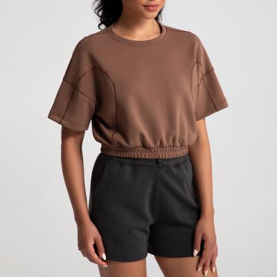 China Women's Brown Cropped Short Sleeve T-Shirt 38% Modal 6% Spandex for Yoga Gym for sale