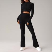 China Women Zip Up Cropped Long Sleeve Yoga Top High Waisted Flared Leggings Set 79 Nylon 21 Spandex for sale