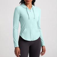 China Women's Ribbed Knit Full Zip Yoga Jacket Hooded Stretchable 80% Nylon 20% Spandex with Kangaroo Pocket for sale