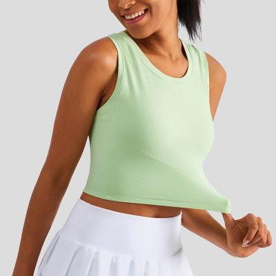 China Women's Ribbed Athletic Tank Top Cropped Moisture Wicking 80% Nylon 20% Spandex Light Green for Tennis Gym for sale