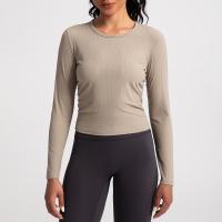 China Beige Ribbed Women Activewear Crop Top Long Sleeve Slim Fit Crew Neck 80% Nylon 20% Spandex for sale