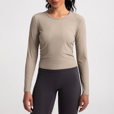 China Beige Ribbed Women Activewear Crop Top Long Sleeve Slim Fit Crew Neck 80% Nylon 20% Spandex for sale