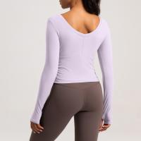 China Women Long Sleeve V Neck Ruched Yoga Top Light Purple Thumb Hole Cropped 80 Nylon 20 Spandex for sale