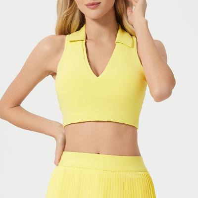 China Women's Polo Collar Sports Bra Crop Top Skirt Set 86% Nylon 14% Spandex Moisture Wicking V Neck for sale