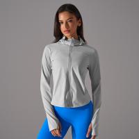 China Women's UV Protection Hooded Athletic Jacket 80% Nylon 20% Spandex Slim Fit Light Gray for Running Yoga for sale