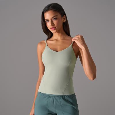 China Women's Light Green V Neck Spaghetti Strap Yoga Tank Top 79% Nylon 21% Spandex Breathable Slim Fit for sale