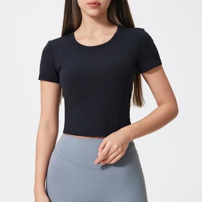 China Women's Cropped Yoga Top Short Sleeve Slim Fit 80% Nylon 20% Spandex Moisture Wicking for Workout for sale