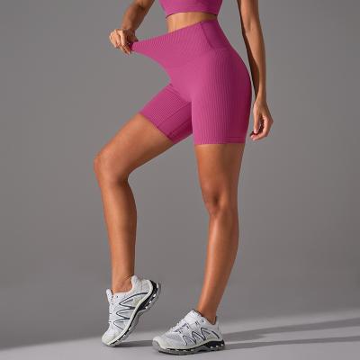China High Waisted Ribbed Women Yoga Shorts 5 Inseam Compressive Nylon Spandex for Workout for sale
