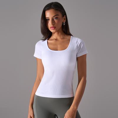 China White Ribbed Knit Short Sleeve Workout Top Form Fitting Breathable for sale