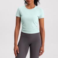 China Ribbed Short Sleeve Women Activewear Top Beige Slim Fit 77% Nylon 23% Spandex Moisture Wicking for sale