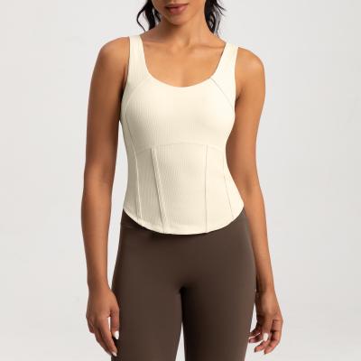 China Women's Ribbed Knit Corset Workout Tank Top 77% Nylon 23% Spandex Beige Slim Fit Moisture Wicking Yoga Activewear for sale