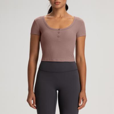China Women's Ribbed Knit Cropped Short Sleeve Henley Top Mauve 94% Lenzing Modal 6% Spandex Slim Fit Yoga Activewear for sale