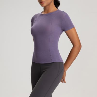 China Women's Purple Slim Fit Yoga Top Merino Wool Blend Breathable Short Sleeve Activewear 78.6% Lyocell for sale