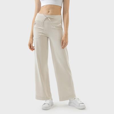 China High Waisted Beige Satin Wide Leg Yoga Pants with Pockets 80% Nylon 20% Spandex Breathable Stretchable for sale