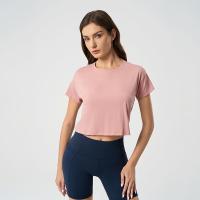 China Women's Pink Cropped Quick Dry Activewear Top 80% Nylon 20% Spandex Short Sleeve Breathable Lightweight Athletic Shirt for sale