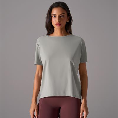 China Women Loose Fit Short Sleeve Workout Top 80 Nylon 20 Spandex Breathable Quick Dry Athletic Tee for sale