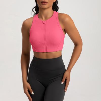 China Sleeveless Ribbed Zipper Yoga Sports Bra 77% Nylon 23% Spandex High Support Crop Top for sale