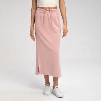 China Women's Cotton Blend Midi Skirt Elastic Waist Side Slit Chocolate Brown with Pockets 38% Modal 56% Polyester for sale