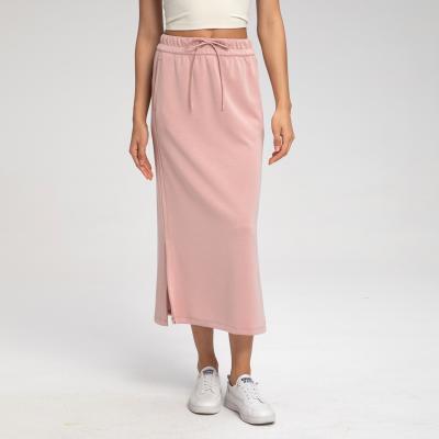 China Women's Cotton Blend Midi Skirt Elastic Waist Side Slit Chocolate Brown with Pockets 38% Modal 56% Polyester for sale