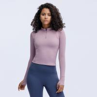 China Lavender Half Zip Cropped Workout Top for Women 80% Nylon 20% Spandex Compression Long Sleeve with Thumbholes for Yoga Running Gym for sale