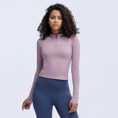 China Lavender Half Zip Cropped Workout Top for Women 80% Nylon 20% Spandex Compression Long Sleeve with Thumbholes for Yoga Running Gym for sale