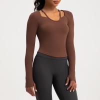 China Brown Cutout Long Sleeve Yoga Top 80% Nylon 20% Spandex Buttery Soft Compression Thumbholes for Workout Running for sale