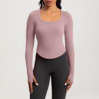 China Women's Scoop Neck Cropped Long Sleeve Workout Top 90% Viscose 10% Spandex Buttery Soft Stretchy Coffee Brown Yoga Running for sale