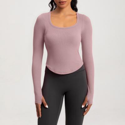 China Women's Scoop Neck Cropped Long Sleeve Workout Top 90% Viscose 10% Spandex Buttery Soft Stretchy Coffee Brown Yoga Running for sale