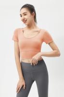 China Women's Cropped Yoga Short Sleeve Top with Built in Bra Nylon Spandex Dusty Pink for Workout Gym Pilates for sale