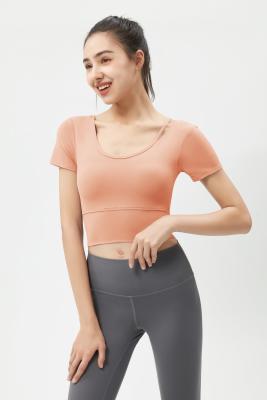 China Women's Cropped Yoga Short Sleeve Top with Built in Bra Nylon Spandex Dusty Pink for Workout Gym Pilates for sale