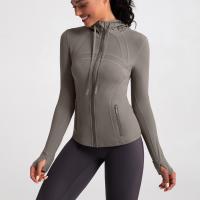 China Women's Hooded Full Zip Yoga Jacket Quick Dry Nylon 210g Slim Fit Athletic Running Jacket for sale