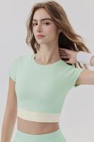 China Pastel Green Cropped Yoga Short Sleeve Top with Built in Bra 78% Nylon 22% Spandex Quick Dry for sale