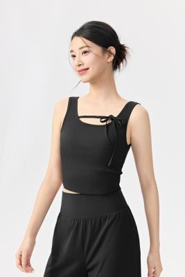 China Women's Ribbed Knit Black Crop Tank Top with Built in Bra for Yoga Dance Daily Wear Sizes S M L XL for sale