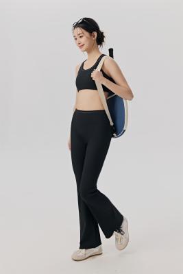 China Light Purple Ribbed Flared Yoga Leggings Sports Bra Set Women Workout Activewear 90 Nylon 10 Spandex for sale