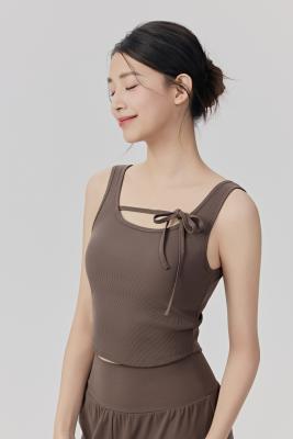 China Women's Ribbed Knit Crop Tank Top with Bow Detail Black Sleeveless Activewear for Yoga for sale